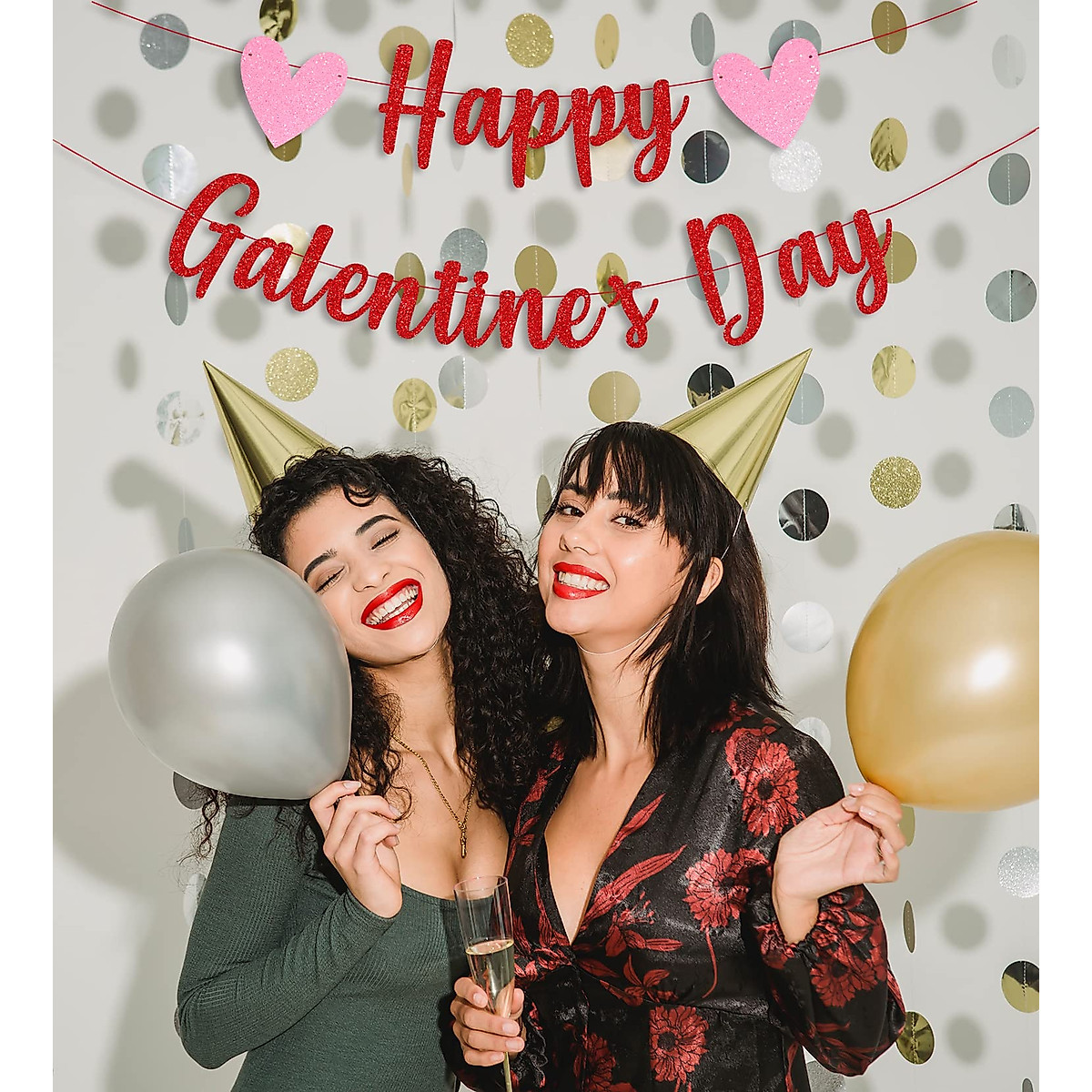 JOZON Happy Galentine's Day Banner and Hearts Banner Red Pink Glittery Galentine's Day Banner Garland Galentine's Day Decor for Valentine's Day Ladies Celebrating Party Decorations Supplies