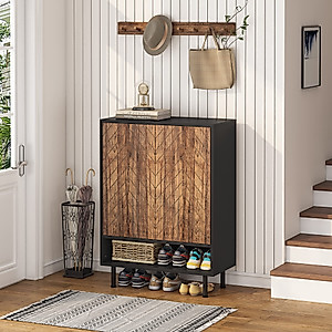 Tribesigns Shoe Cabinet, 18 Pair Shoe Rack Organizer Cabinet with Door, 6-Tier Modern Shoe Storage Cabinet with Shelves for Entryway Hallway Closet Bedroom, Black and Brown