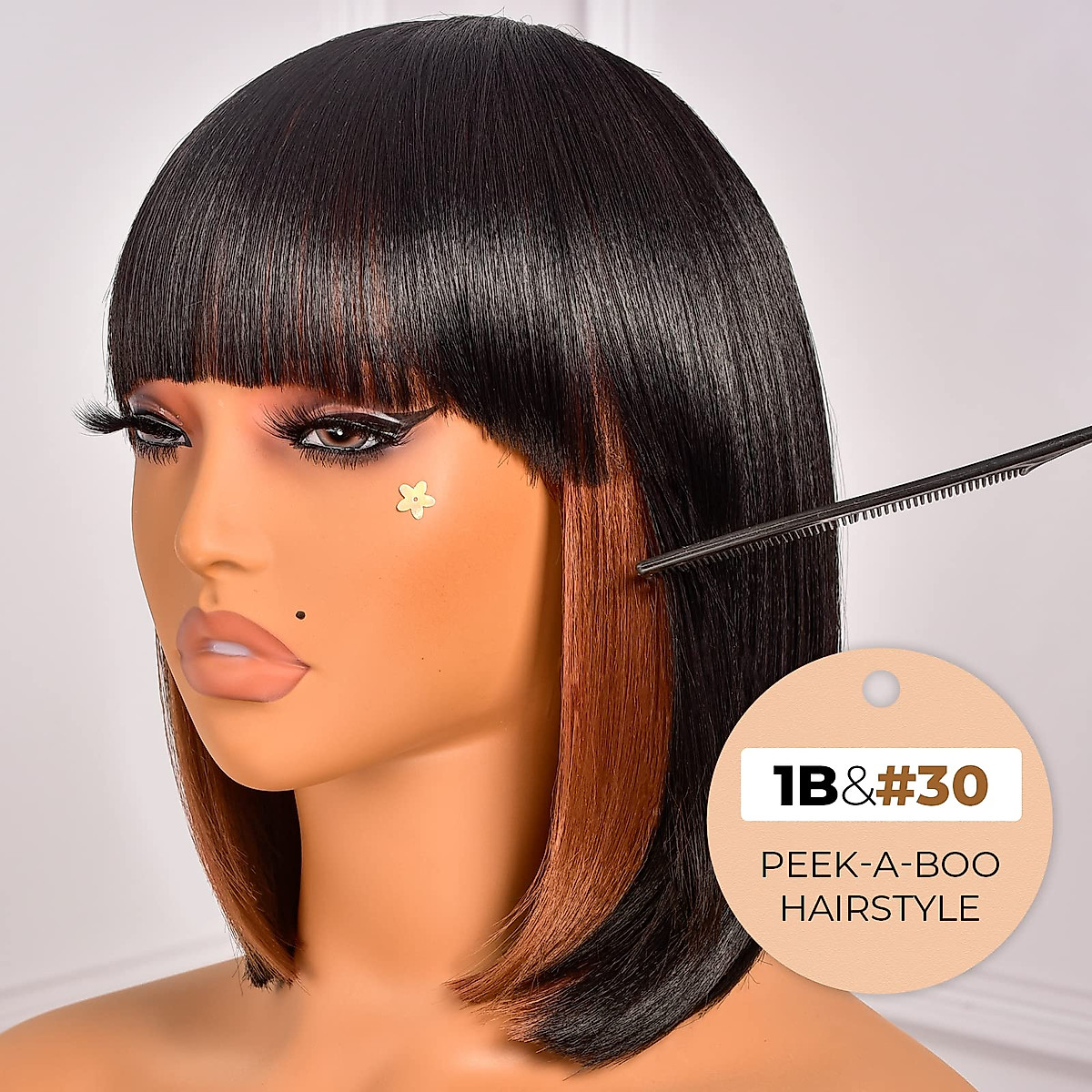 ToyoTress Bob Wig With Bangs - 12 Inch Peek-a-boo Color Short Bob Wig For Black Women Black Mix Brown Daily Costume Wigs, Light Yaki Straight Synthetic Hair Wigs Heat Resistant (12 Inch, SH30-612H)