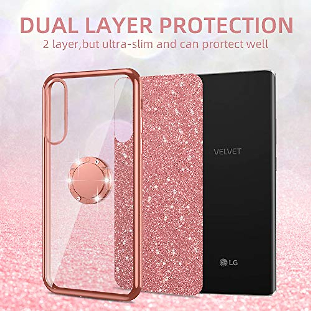 nancheng for LG Velvet 5G Case (LM-G900), LG Velvet 5G UW Case Glitter Luxury Sparkles TPU Slim Cute for Women Girls with Kickstand, Bling Diamond Ring Stand & Strap Case for LG Velvet 5G-Rose Gold
