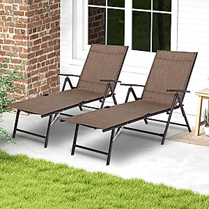 Esright Outdoor Chaise Lounge Chair,Folding Textiline Reclining Lounge Chair for Beach Yard Pool Patio with 7 Back & 2 Leg Adjustable Positions,Brown