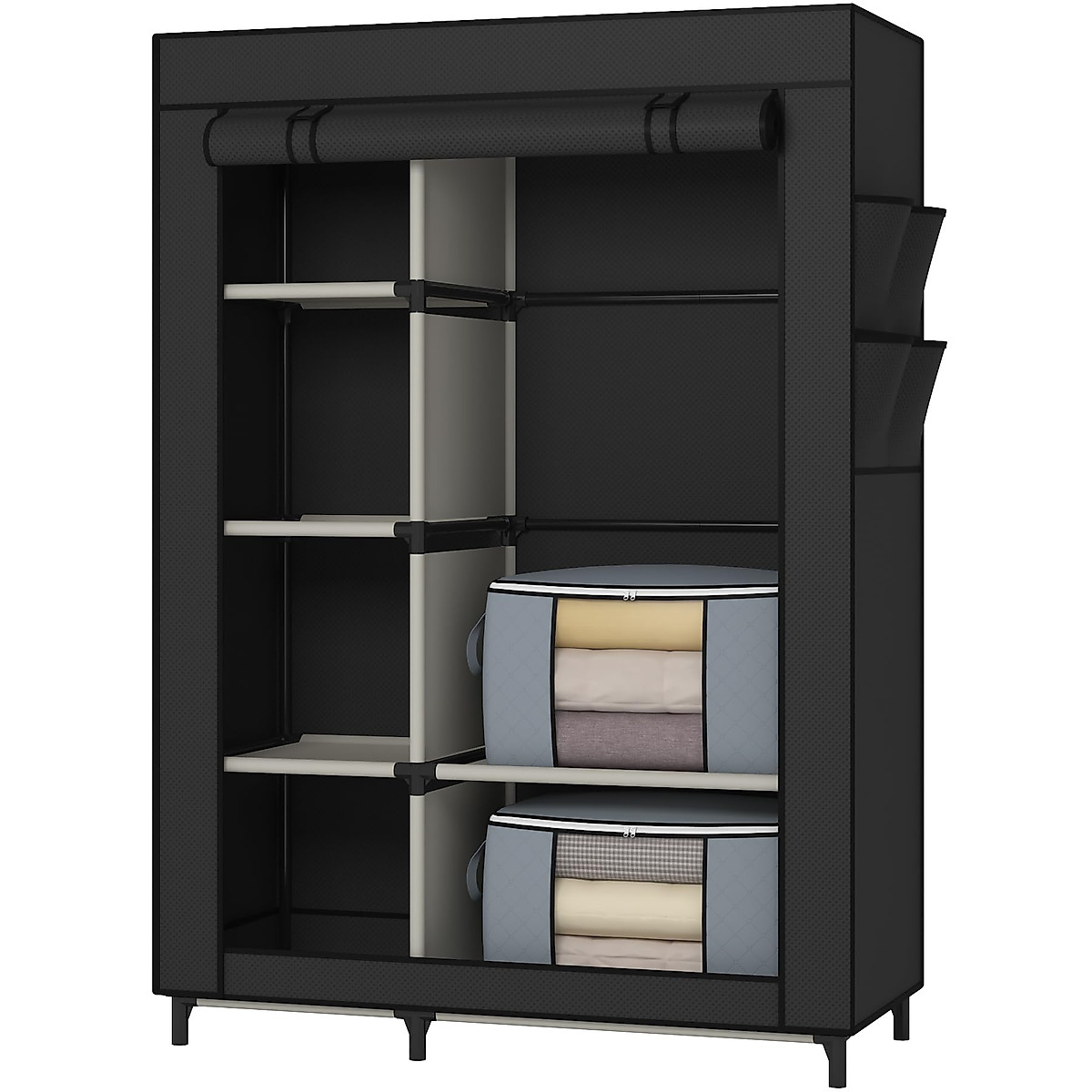 Calmootey Portable Closet, Wardrobe with 6 Shelves and Hanging Rod, Storage Organizer for Bedroom, Non-Woven Fabric Cover with 4 Side Pockets, Includes 2 Storage Bags for Clothes, Black