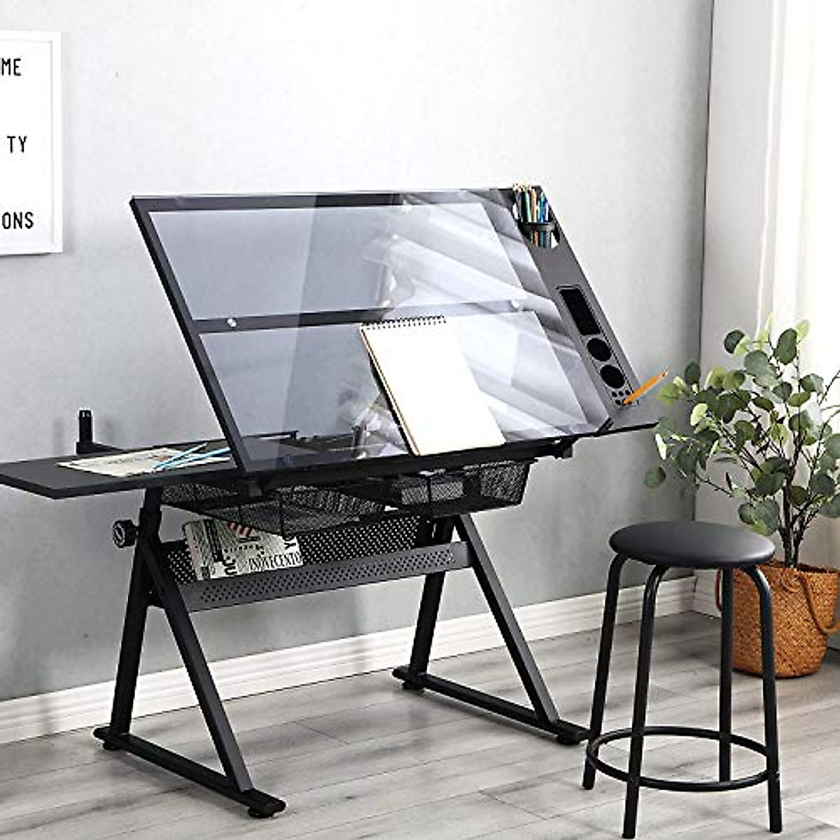 EESHHA Drawing Table Glass Drafting Table, Height Adjustable Drawing Desk with Stool, Tiltable Desk Art Table, Tempered Glass Top Painting Desk, Writing Table with 2 Drawers Beautiful Scenery