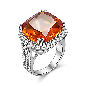 Uloveido Platinum Plated Big Princess Square Orange Stone Cocktail Ring for Women and Men with Cubic Zirconia Size 6 7 8 9 10 RA219 (Orange, 7)
