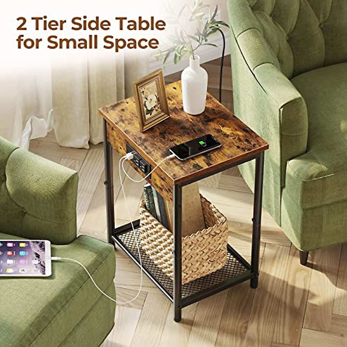 Rolanstar End Table Set of 2 with Charging Station, Small Side Table with USB Ports & Storage Shelf for Small Space, Living Room, Nightstand Bedside, 2-Tier Sofa Table for Bedroom