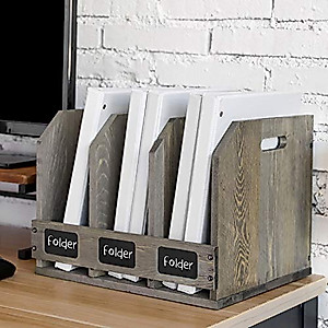 MyGift Vintage Gray Solid Wood Office Desktop Document Organizer, Desk File Folder and Binder Rack with 3-Compartments and Chalkboard Labels