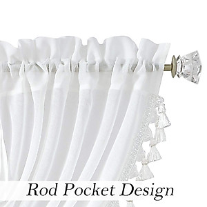 Central Park White Solid Waterfall Valance Window Curtain Linen Texture Rod Pocket with Tassel Accessories for Living and Bedroom Semi Sheer Kitchen Curtain, 56"x38", 1 Piece