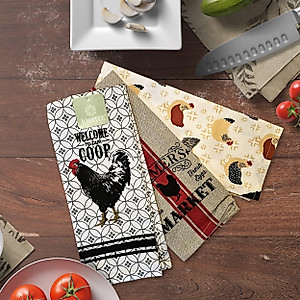 Jolitee Farmhouse Chic Cotton Tea Towels Set of 3 - Rooster & Chicken Kitchen Decor, 15x25 Inches