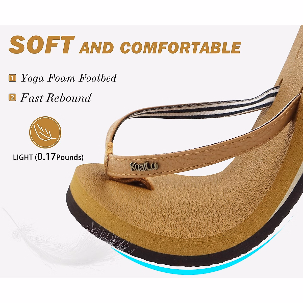 KuaiLu Womens Arch Support Flip Flops Comfortable Yoga Mat Slip on Leather Walking Thong Cushion Sandals Summer Beach Orthotic Slides Travel Essentials Indoor Outdoor Slippers Shoes Khaki Size 8