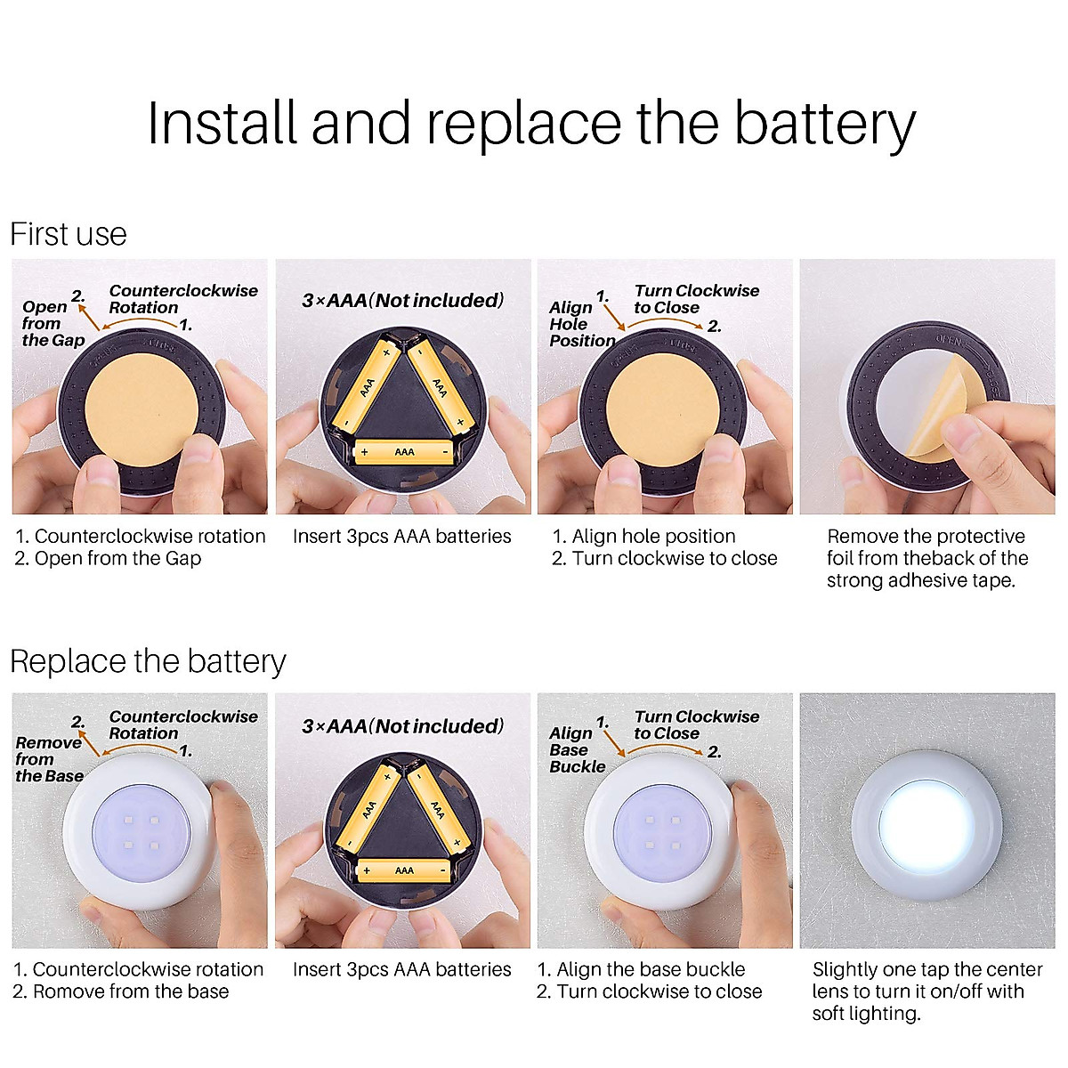 STAR-SPANGLED Push Tap Light, 2.8” Mini Night Touch LED Puck Lamp, Portable Under Cabinet Lighting AAA Battery Operated Powered, DIY Stick On Lights for Closet, Counter, Kitchen, Cool White, 5 Pack