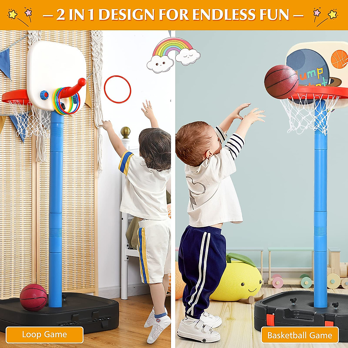 Costzon Basketball Hoop for Toddler, 3-in-1 Sports Activity Center w/Ring Toss, Soccer Goal, 31”-56” Height Adjustable, Indoor Outdoor Basketball Game Play Set for Baby (Car)