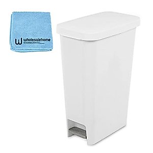 Sterilite Slim Trash Can with Lid, Step On 11 Gal White Kitchen Garbage Can for Bathroom, Bedroom, Home, and Outdoor, Wholesalehome Microfiber Cleaning Cloth Included