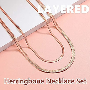 FindChic Rose Gold Layered Herringbone Necklace 12'' 15'' 2PCS Flat Snake Chain Set Dainty Choker Layering Stacked Minimalist Jewelry for Women