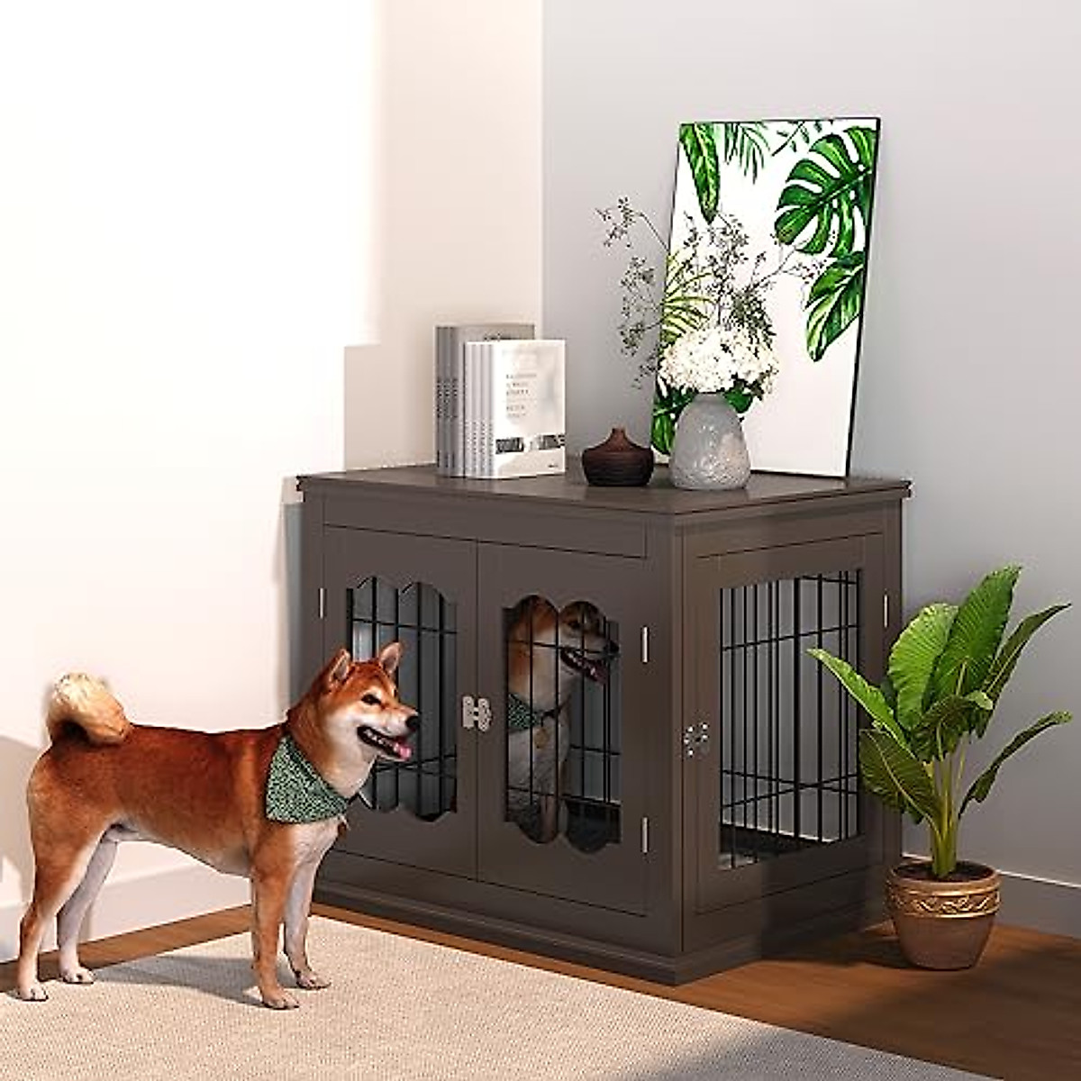 4NM Furniture Style Dog Crate with Cushion, Dog Kennel, Dog Cage for Small Medium Dogs, Indoor Aesthetic Puppy Kennel, Chew-Proof Metal Bars,Pretty Cute End Side Table Nightstand- Espresso