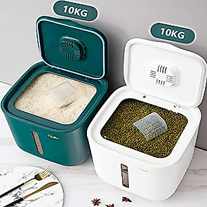 HOMHOLDON 22 Lbs Rice Dispenser, Large Sealed Grain Storage Container with Measuring Cup Food Dispenser Kitchen Organizer Storage bins for Rice,Beans,Grains,Cereal Dry Food,Pet Food(White&Gold)