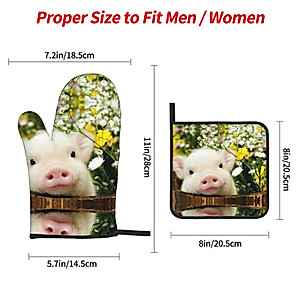 Rape Flower Pig Extra Long Oven Gloves and Hot Pads Set 4pcs for Cooking and Baking with Pockets