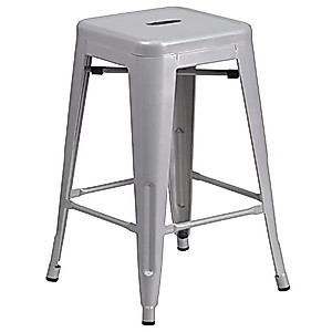 EMMA + OLIVER Commercial Grade 24" H Backless Silver Metal Indoor-Outdoor Counter Height Stool