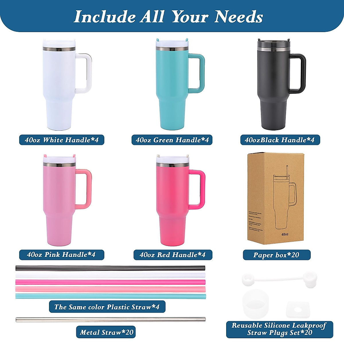 BATTUP 40 OZ Tumblers With Handle Bulk Stainless Steel Double Wall Vacuum Insulated with Lid and Straw Grey Mouth Mixed Colors 20 Pack