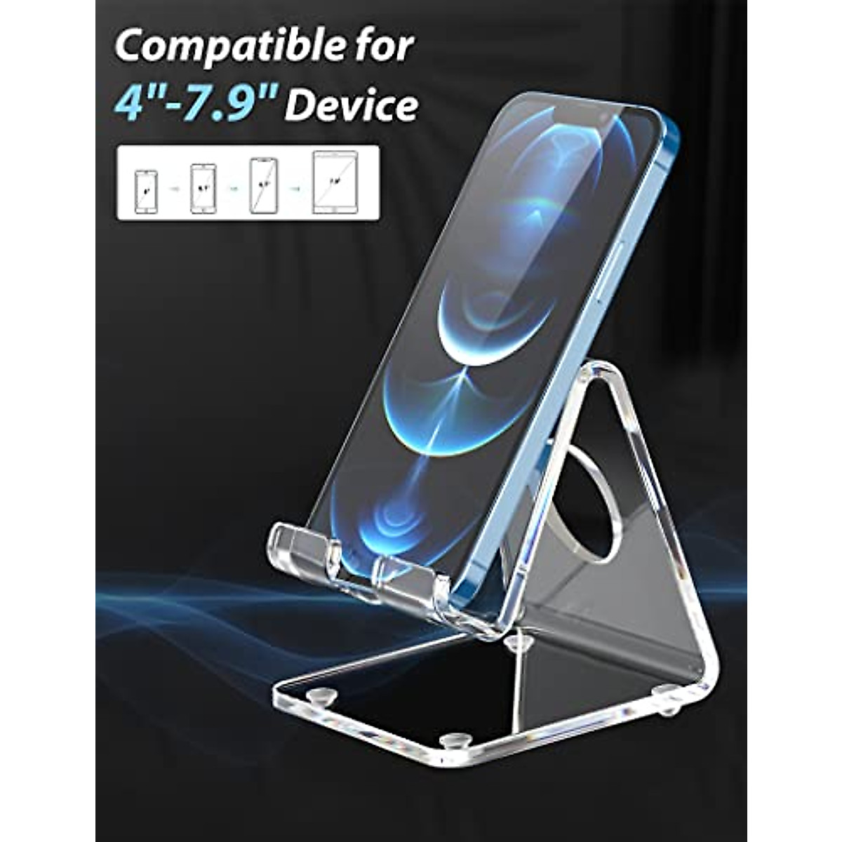 DesignComfort Acrylic Cell Phone Stand , Acrylic Phone Stand for Desk,Clear Phone Stand, Dock, Cradle, Compatible with Phone 13 Pro Max Mini 11 Xr 8 SE, Android Smartphone, Pad,Desk Accessories