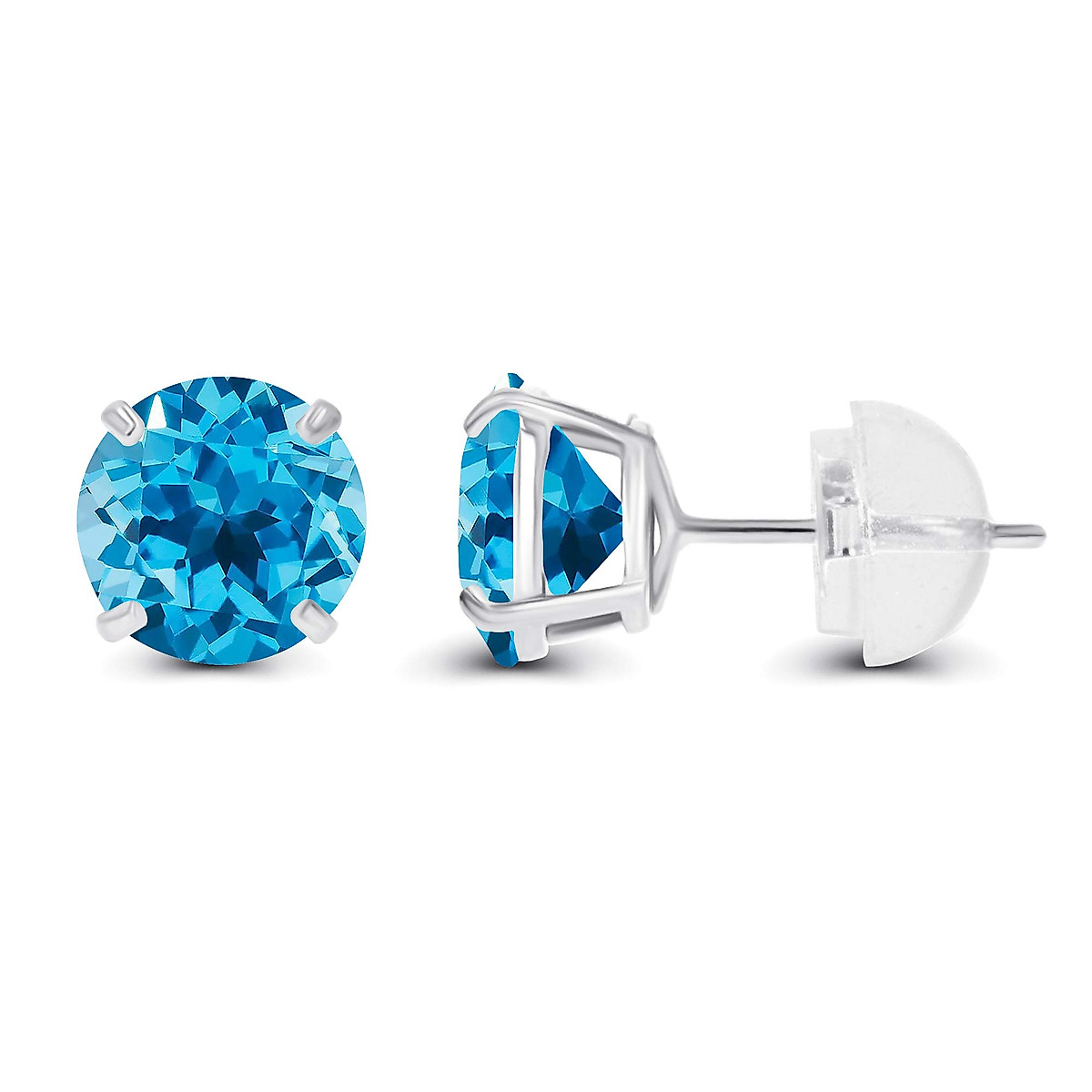 Genuine 10K Solid White Gold 4mm Round Natural Swiss Blue Topaz December Birthstone Stud Earrings