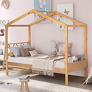 Harper & Bright Designs Twin Size House Bed for Kids, Twin Bed Frame with Headboard and Storage Space, Wooden Twin Bed for Girls, Boys,No Box Spring Needed,Natural