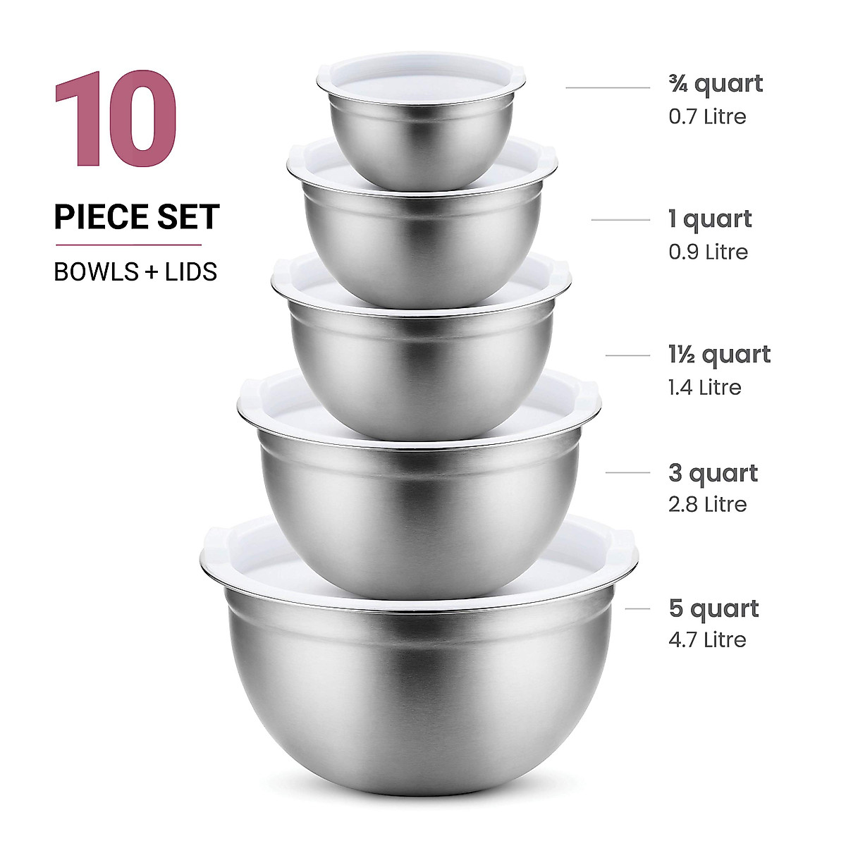 FineDine Stainless Steel Mixing Bowls Set with Lids, Home Kitchen Cooking Essentials Household Must Haves for Baking, 5 Pieces