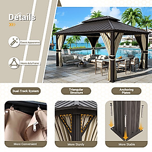 UDPATIO 12' x 16' Hardtop Gazebo, Outdoor Aluminum Gazebo with Galvanized Steel Double Roof, Permanent Metal Canopy with Curtains and Netting for Patio, Garden, Lawn, Backyard, Deck, Beige