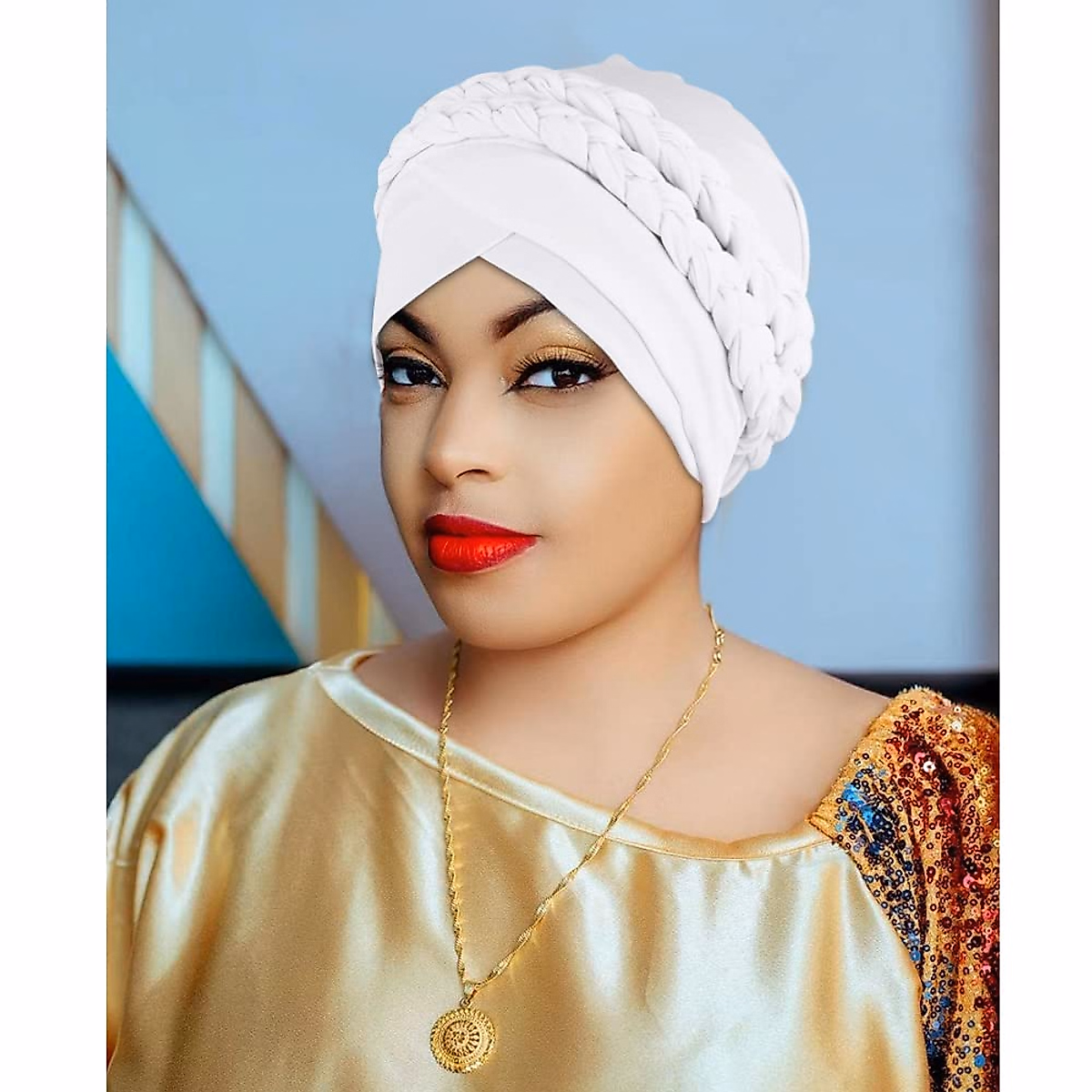 African Women Turban Caps Beanie Twist Headscarf Pre Tied Double Braid Headwrap Hat (White)
