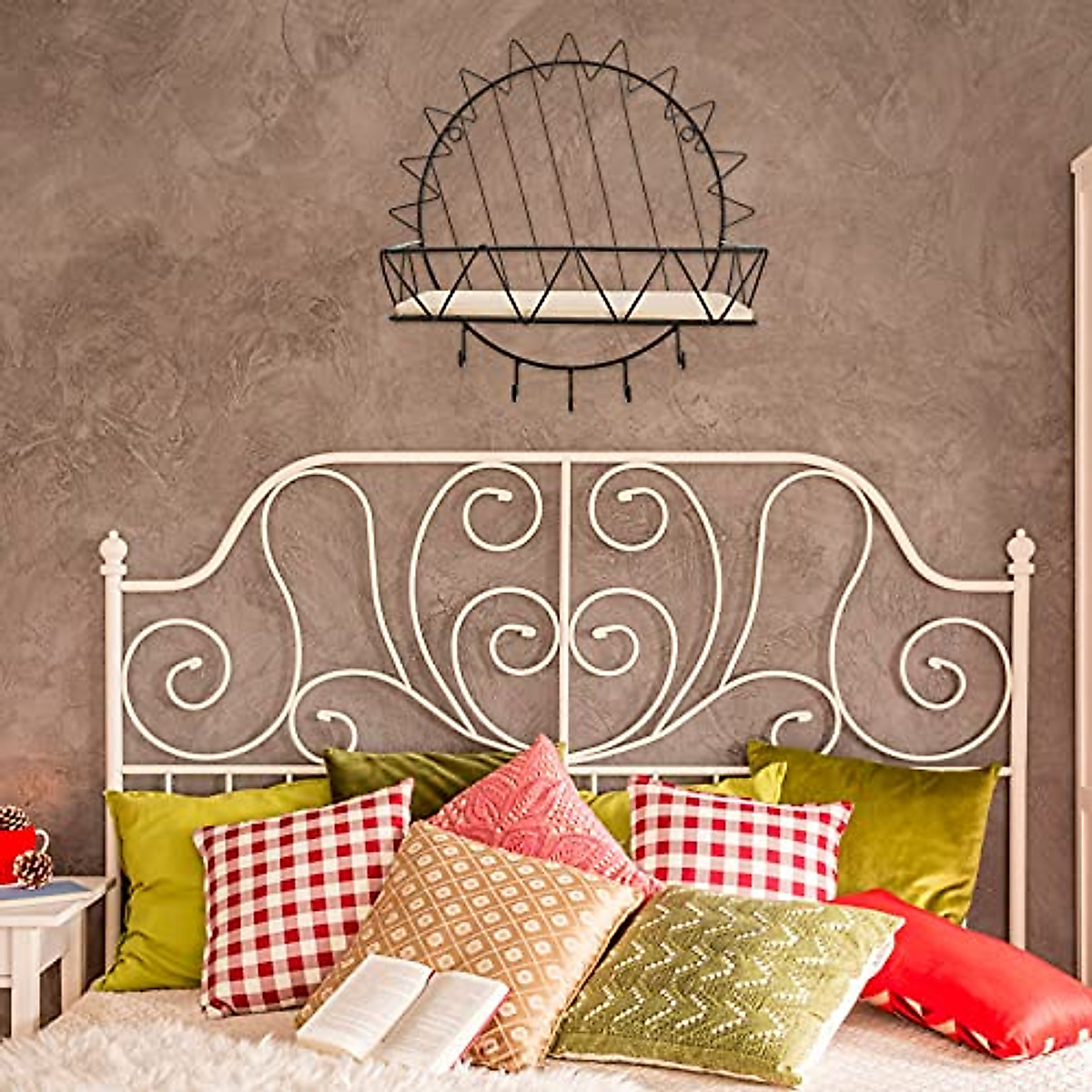 HEALLILY Floating Shelves with 5 Hooks Black Iron Wire Wall Decor Rustic Wall Shelf Rack Wall Mounted Hanging Storage Shelf for Bathroom Bedroom Kitchen Living Room Office