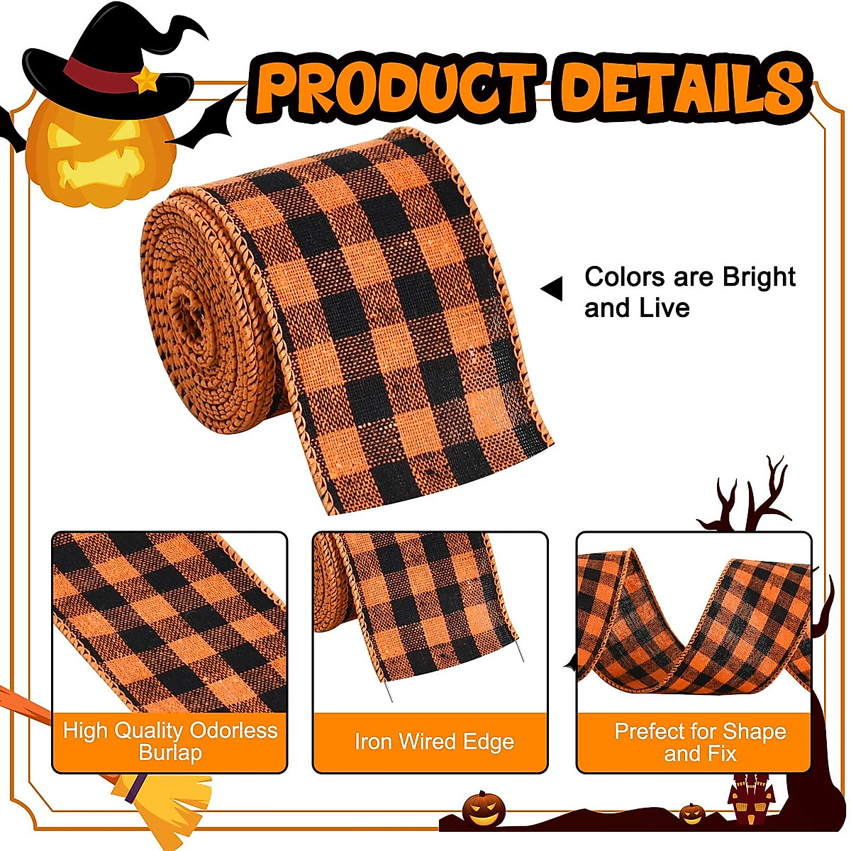 TONIFUL 2.5 Inch Orange Black Buffalo Plaid Burlap Ribbon Wired Edge Ribbon Thanksgiving Fall Halloween Christmas Wired Ribbon for Crafts Gift Tree Topper Wreath Bows Outdoor Indoor Decorations 6yds