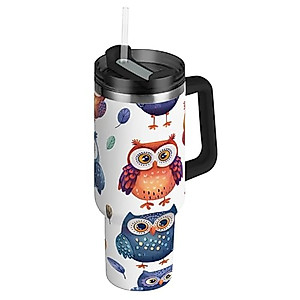 FRCSDIY Cartoon Owl Insulated Tumbler with Handle and Straw Lid,30oz Leakproof Stainless Steel Cup BPA-Free Water Bottle