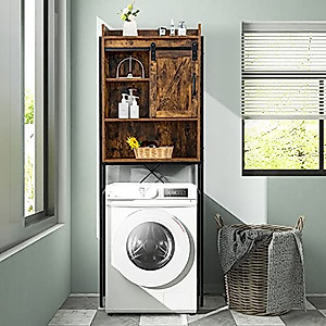 Tangkula Over-The-Toilet Storage Cabinet, Freestanding 4-Tier Bathroom Organizer Rack w/Adjustable Shelf & Sliding Barn Door, Multifunctional Bathroom Space Saver, 25 x 9.5 x 67.5 in (Rustic Brown)