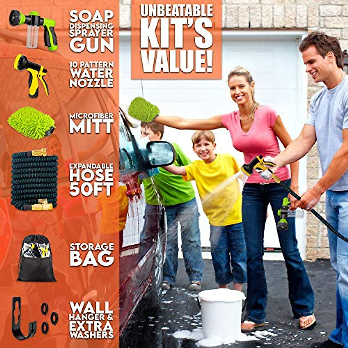 Topidex Car Wash Kit, Expandable Garden Hose 50 FT - with High Pressure Spray Nozzle – Durable Soap Dispensing Sprayer Gun - 9 Spray + 3 Foam Spraying Patterns with Storage Bag, Hanger & Wash Mitt