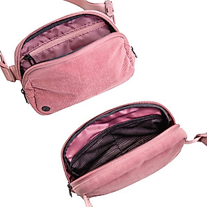 Jadyn Belt Bag, Casual Crossbody and Belt Fanny Pack for Women and Men, Adjustable Strap, Multiple Pockets, Durable Material (Pink Corduroy)