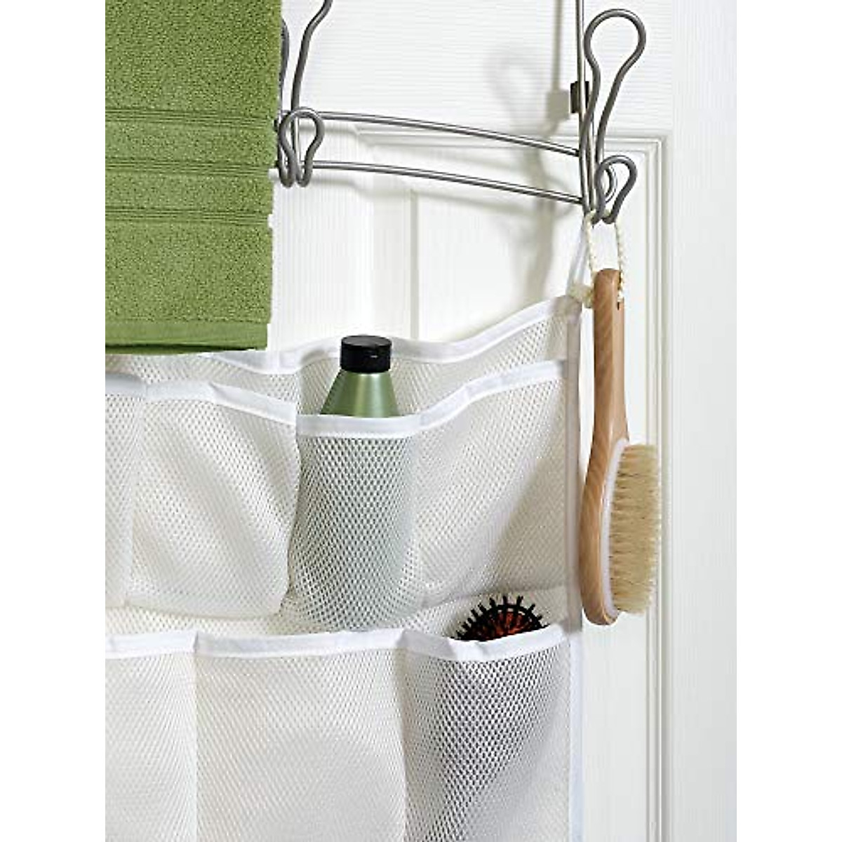 Zenna Home Bar, Satin Nickel SnugFit Over-The-Door-Towel Rack with Mesh Pocket-Storage