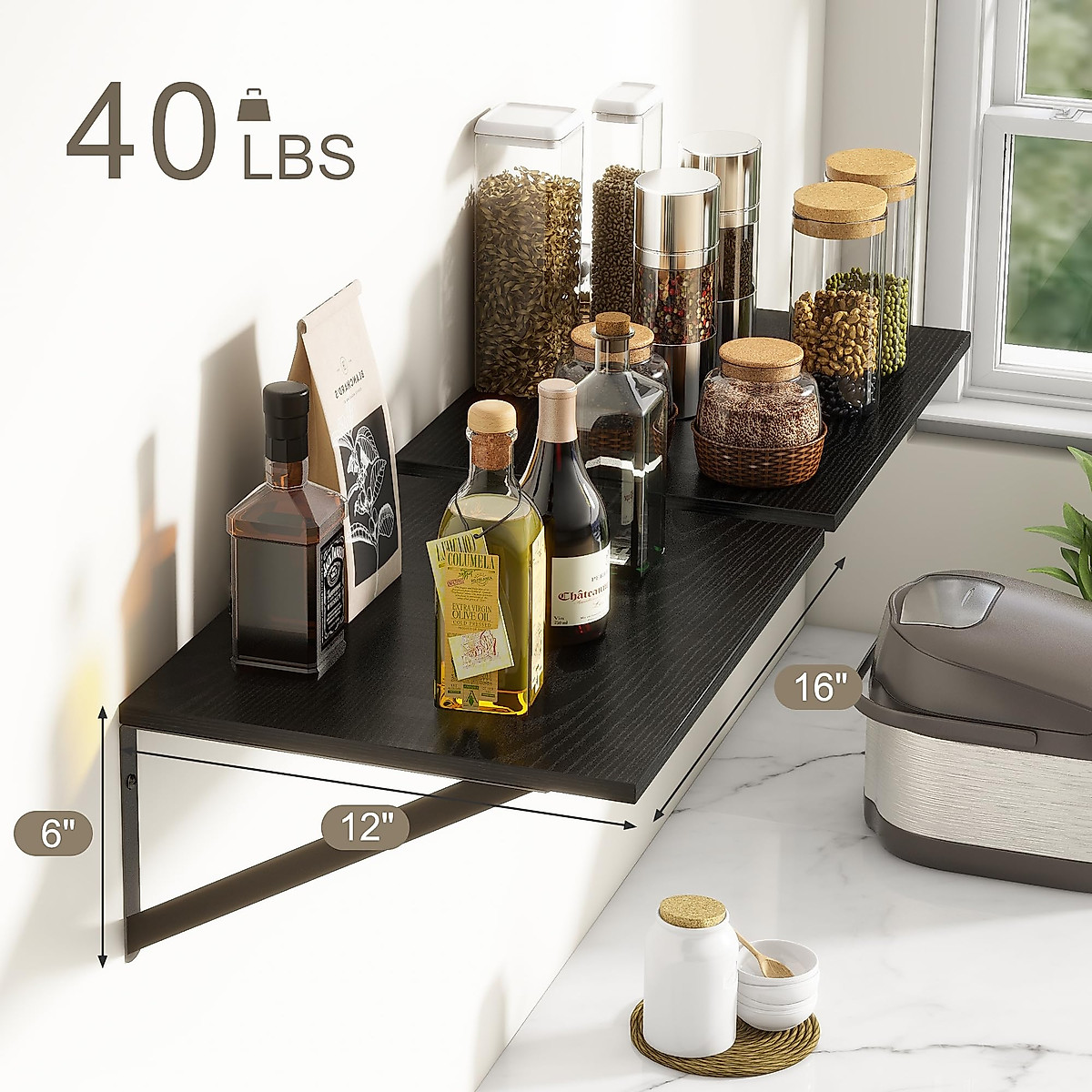 Fun Memories Deep Floating Shelves for Wall, 12 Inch Deep Black Floating Shelves Set of 2, 16" W x 12" D Wall Shelf, Wide Display Ledges Shelves for Bedroom, Bathroom, 12 Deep Bookshelf Wall Mounted