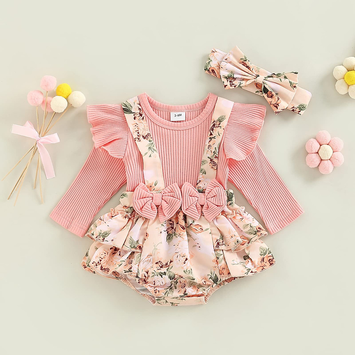 Mubineo Baby Girl Spring Fall Clothes Outfits Long Sleeve Lace Floral Romper Dress Newborn Outfit (Sc Pink, 0-3 Months)