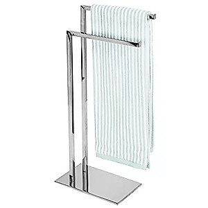 mDesign Tall Modern Stainless Steel Towel Rack Holder - 2 Tier Organizer for Bathroom Storage and Organization Next to Tub or Shower, Holds Bath & Hand Towels, Washcloths - Chrome