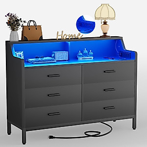 Hyomdeck 6 Drawer Dresser for Bedroom, Wooden Chest of Drawers with Power Outlets and Smart LED Light, Sturdy Modern Bedroom Furniture, Wide Storage Dresser for Living Room, Closet, Entryway, Black