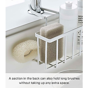 YAMAZAKI Home Faucet-Hanging Sponge Caddy Kitchen Sink Dish Soap Bottle Brush Scrubber Organizer Holder, Metal with Silicone Protection | Steel, One Size, White