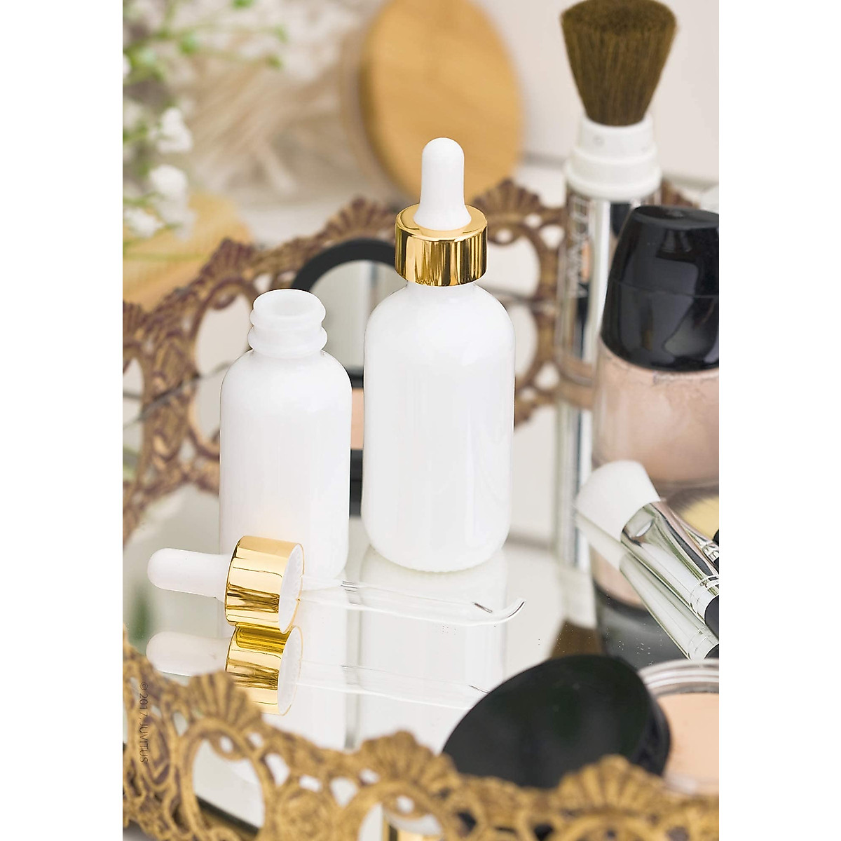 JUVITUS 2 oz Opal White Glass Boston Round Bottle with Gold Metal and Glass Dropper (12 pack) + Funnel