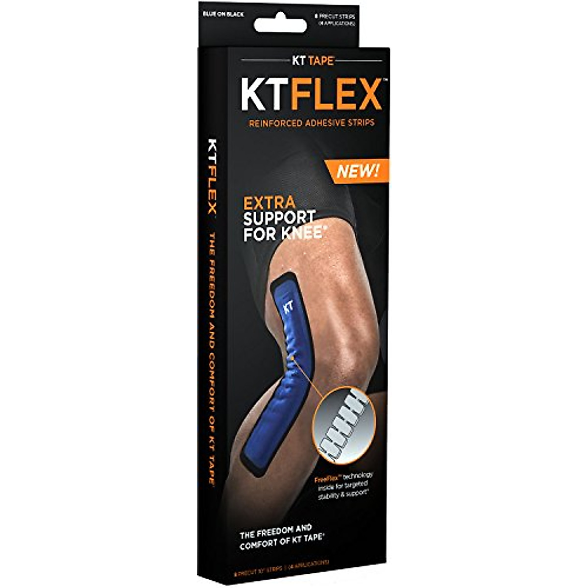 KT Tape KT Flex Reinforced Adhesive Strips for Knees, 8 Pack, 10" Precut Strips, Blue