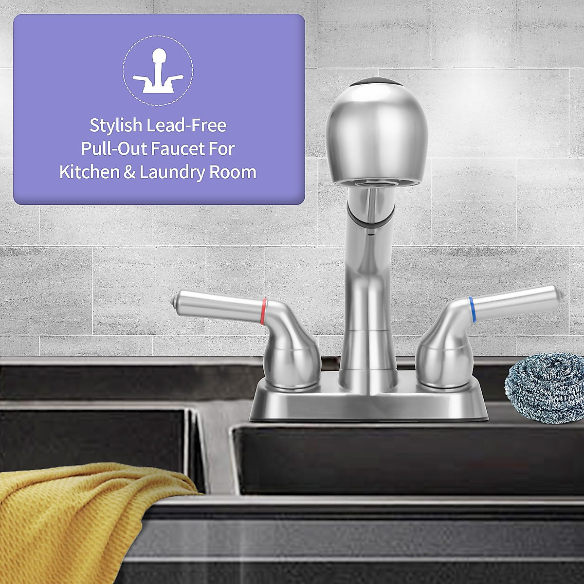 Utility Sink Faucet,Universal Laundry Tub ABS Plastic Faucet with Sprayer,Dual Handle Pull Out Faucet, Chrome Finish Laundry & Utility Room Sink Faucets,4 Inch Center Set