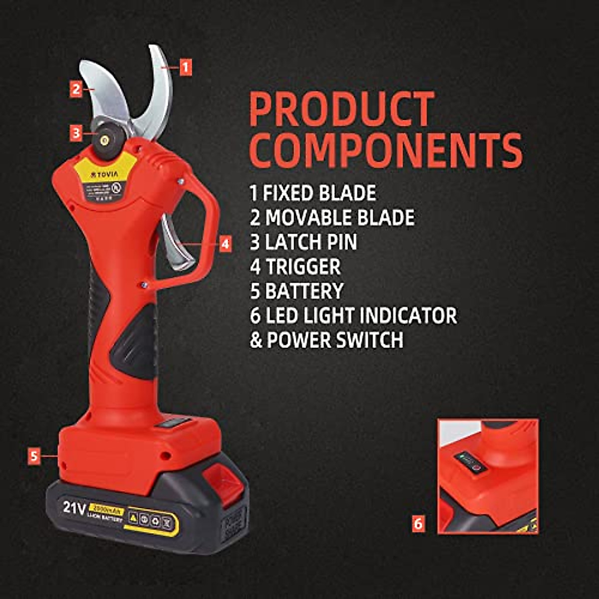 Electric Pruning Shears Cordless 21V with 2000mAh 2PCS Lithium Battery and Matching Tools,30mm (1.2″) Cutting Diameter,Tree Branch Flowering Bushes Trimmers for Gardening (Red)