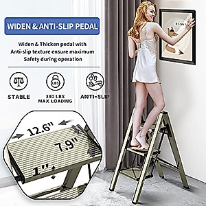 3 Step Ladder, Aluminum Folding Step Stool with Wide Anti-Slip Sturdy Pedal, Portable Lightweight Step Stool Multi-Use for Kitchen Household and Office, Gold, 330 LBS