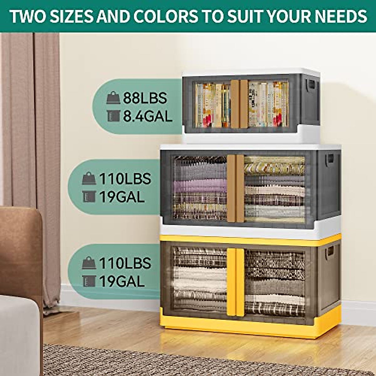 YITAHOME Storage Cabinet, Foldable Storage Bins with Clear Double Door, 8.4 Gal Storage Containers Stackable Storage Box for Groceries, Toys, Books (3 Packs, White)