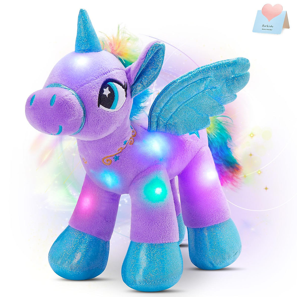 Houwsbaby 14'' Purple LED Light Up Unicorn Stuffed Animal,Unicorn Plush Toy,Glowing Horse Plush Toy Night Light Glitter Present for Kids Boys Girls Present for Easter Birthday Festival Christmas