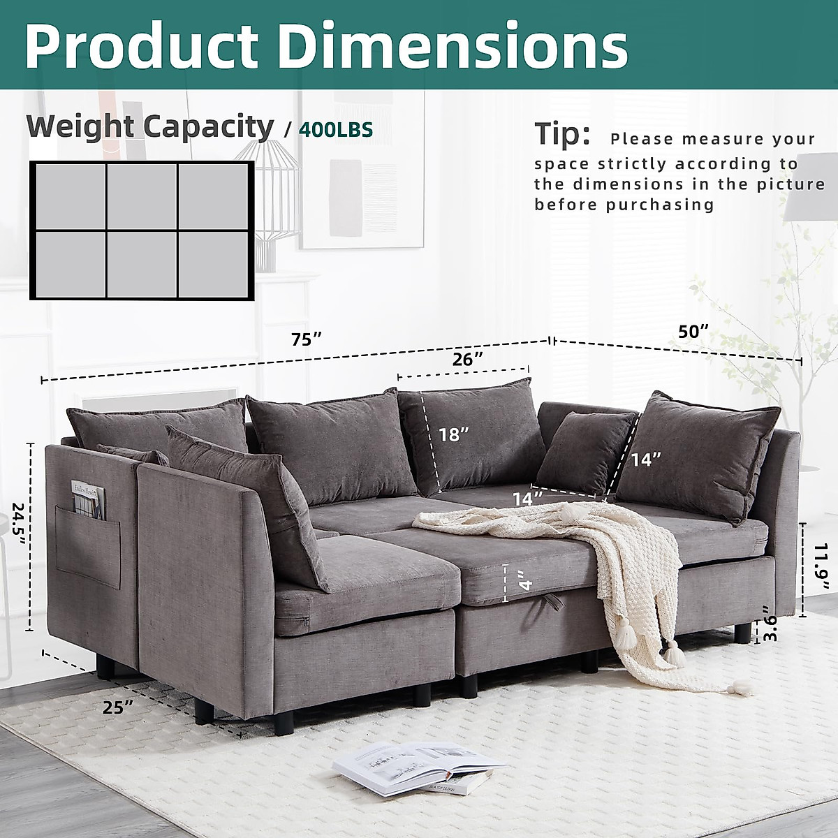 UNISHION Modular Sectional Sofa Convertible L U Shaped Sofa Couch with Storage, Comfy Cloud Sleeper Sectional Sofa Bed Set, Modern DIY Combination Couches for Living Room, Apartment(Grey)