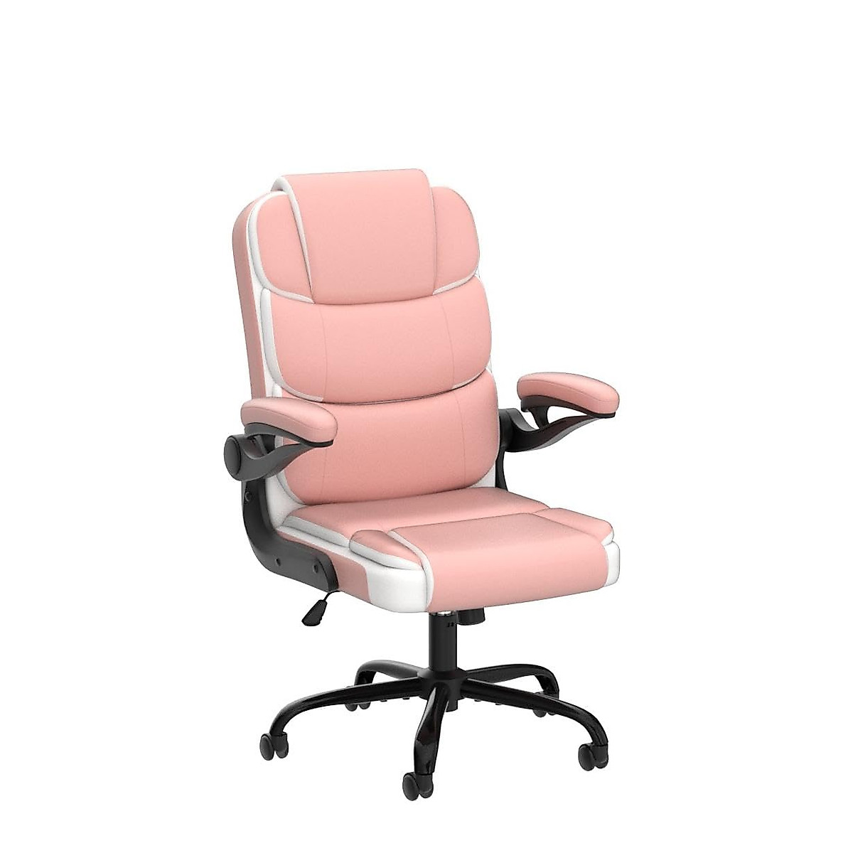 Pink Desk Chair Ergonomic Office Chair Lumbar Support Desk Chairs with Wheels and Flip-up Armrest Adjustable PU Leather Computer Chair Backward Tilt, Pink