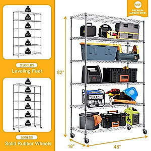 6 Tier Wire Shelving Rack,Steel Shelf 48" W x 18" D x 82" H Adjustable Storage System with Casters/Wheels and Feet Levelers,Garage Shelving Unit, Storage Shelving Rack,Kitchen/Office Rack (Chrome)